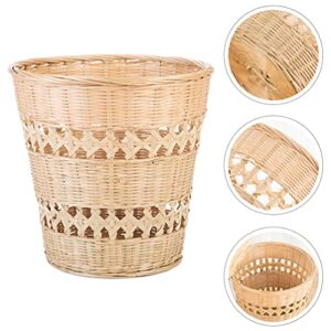 Hemoton Shelf Woven Rubbish Basket Round Bamboo Waste Basket Rattan Trash Can Straw Storage Baskets Wooden Garbage Can Decorative Laundry Hamper Flower Basket Vase Woven Wastebasket Office Decor