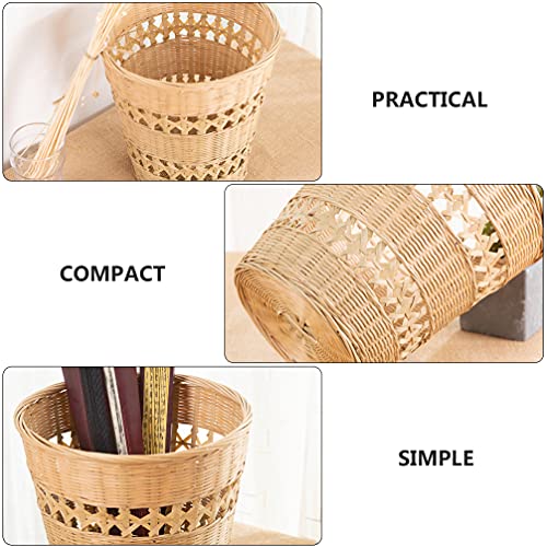 Hemoton Shelf Woven Rubbish Basket Round Bamboo Waste Basket Rattan Trash Can Straw Storage Baskets Wooden Garbage Can Decorative Laundry Hamper Flower Basket Vase Woven Wastebasket Office Decor