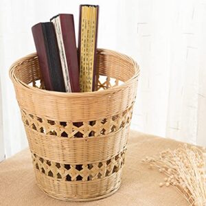 Hemoton Shelf Woven Rubbish Basket Round Bamboo Waste Basket Rattan Trash Can Straw Storage Baskets Wooden Garbage Can Decorative Laundry Hamper Flower Basket Vase Woven Wastebasket Office Decor