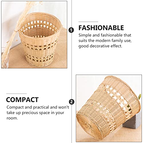 Hemoton Shelf Woven Rubbish Basket Round Bamboo Waste Basket Rattan Trash Can Straw Storage Baskets Wooden Garbage Can Decorative Laundry Hamper Flower Basket Vase Woven Wastebasket Office Decor