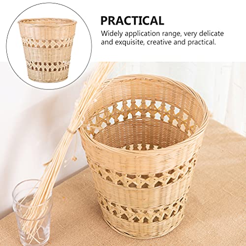 Hemoton Shelf Woven Rubbish Basket Round Bamboo Waste Basket Rattan Trash Can Straw Storage Baskets Wooden Garbage Can Decorative Laundry Hamper Flower Basket Vase Woven Wastebasket Office Decor