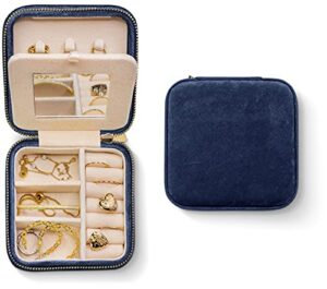 plush velvet travel jewelry box organizer | travel jewelry case, jewelry travel organizer | small jewelry box for women, jewelry travel case | earring organizer with mirror - navy blue