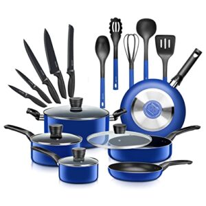 serenelife kitchenware pots & pans basic kitchen cookware, black non-stick coating inside, heat resistant lacquer (20-piece set), one size, blue