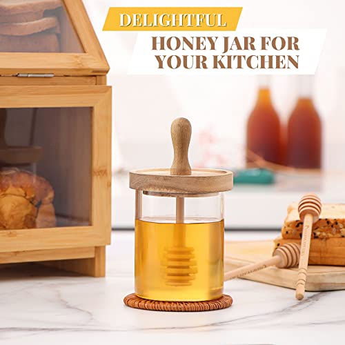 HAPPI STUDIO Honey Pot - Airtight 13 Oz Honey Jar and Dipper Set - Honey Jars with Dipper - Honey Dipper Stick and Jar Set - Glass Honey Dispenser - Honey Containers with Wooden Honey Dipper