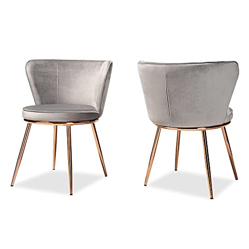 Baxton Studio Farah Modern Luxe and Glam Grey Velvet Fabric Upholstered and Rose Gold Finished Metal 2-Piece Dining Chair Set