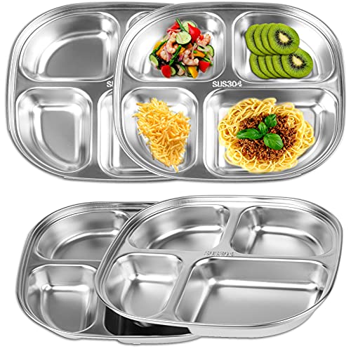 DEAYOU 4 Pack 18/10 Stainless Steel Divided Plates, Small Platter Compartment Tray with 4 Sections, Portion Control Serving Plate, Mess Food Sectioned Tray for Dinner, Lunch, Child, Cafeteria, 7.7"