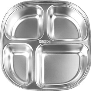 DEAYOU 4 Pack 18/10 Stainless Steel Divided Plates, Small Platter Compartment Tray with 4 Sections, Portion Control Serving Plate, Mess Food Sectioned Tray for Dinner, Lunch, Child, Cafeteria, 7.7"