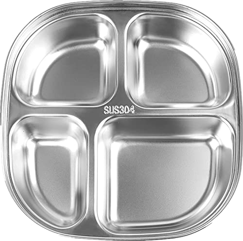 DEAYOU 4 Pack 18/10 Stainless Steel Divided Plates, Small Platter Compartment Tray with 4 Sections, Portion Control Serving Plate, Mess Food Sectioned Tray for Dinner, Lunch, Child, Cafeteria, 7.7"