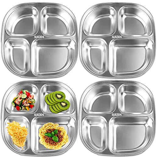 DEAYOU 4 Pack 18/10 Stainless Steel Divided Plates, Small Platter Compartment Tray with 4 Sections, Portion Control Serving Plate, Mess Food Sectioned Tray for Dinner, Lunch, Child, Cafeteria, 7.7"