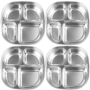 DEAYOU 4 Pack 18/10 Stainless Steel Divided Plates, Small Platter Compartment Tray with 4 Sections, Portion Control Serving Plate, Mess Food Sectioned Tray for Dinner, Lunch, Child, Cafeteria, 7.7"