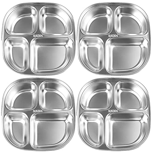 DEAYOU 4 Pack 18/10 Stainless Steel Divided Plates, Small Platter Compartment Tray with 4 Sections, Portion Control Serving Plate, Mess Food Sectioned Tray for Dinner, Lunch, Child, Cafeteria, 7.7"