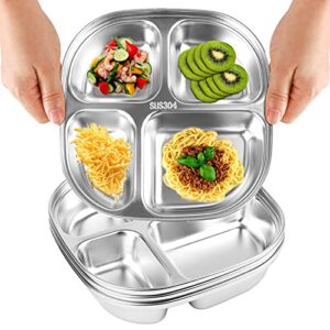 DEAYOU 4 Pack 18/10 Stainless Steel Divided Plates, Small Platter Compartment Tray with 4 Sections, Portion Control Serving Plate, Mess Food Sectioned Tray for Dinner, Lunch, Child, Cafeteria, 7.7"