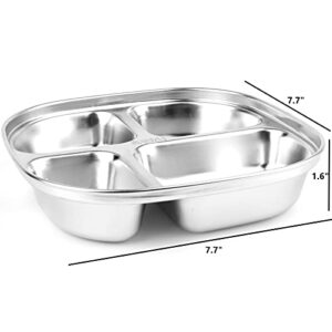 DEAYOU 4 Pack 18/10 Stainless Steel Divided Plates, Small Platter Compartment Tray with 4 Sections, Portion Control Serving Plate, Mess Food Sectioned Tray for Dinner, Lunch, Child, Cafeteria, 7.7"