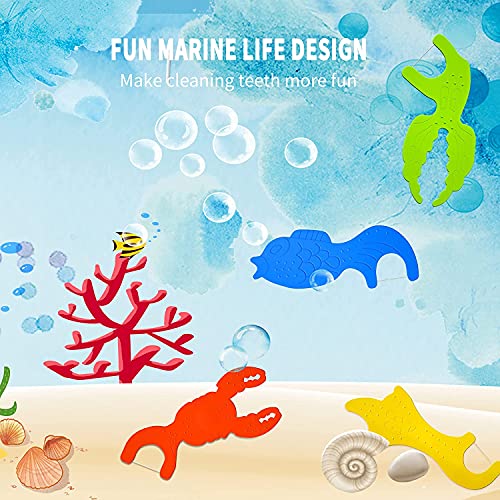 Kingubznis Funny Dental Floss Pick for Kids & Toddler - Unflavored Teeth Flossers with Portable Travel Bag, Non-Slip Ocean Animals Shaped, Soft Interdental Flossing Sticks Holiday Gift (288 Count)