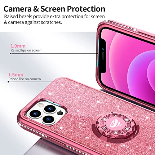 OCYCLONE for iPhone 12 Case, iPhone 12 Pro Case, Luxury Glitter Sparkle Diamond Bumper Cover with Ring Stand Soft Cute Protective iPhone 12/12 Pro Phone Case for Women Girls 6.1 inch - Pink