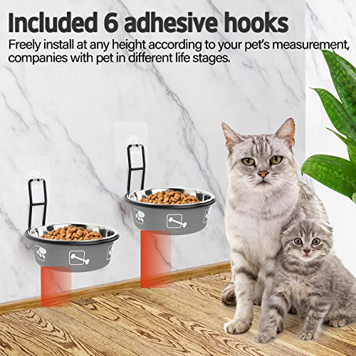 Torlam Elevated Cat Bowls, Wall Mounted Cat Food Dish, Raised Cat Food and Water Bowls, Stainless Steel Elevated Pet Bowls with Stand, Nonslip No Spill Pet Feeding Bowls (2 Packs) (Grey)