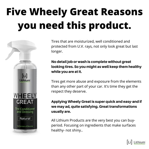 WHEELY GREAT TIRE DRESSING AND CONDITIONER, PROTECTS RUBBER FROM U.V. RAYS. CONDITIONS RUBBER SO IT WON'T DRY OUT AND CRACK. KEEPS TIRES BLACK- NOT SHINY. REMOVES BROWN FILM FROM SIDEWALLS.