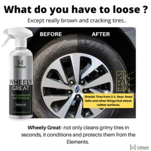 WHEELY GREAT TIRE DRESSING AND CONDITIONER, PROTECTS RUBBER FROM U.V. RAYS. CONDITIONS RUBBER SO IT WON'T DRY OUT AND CRACK. KEEPS TIRES BLACK- NOT SHINY. REMOVES BROWN FILM FROM SIDEWALLS.