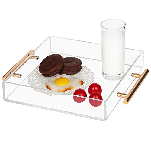 YestBuy Clear Serving Tray with Gold Handles-Spill Proof-Acrylic Tray Organizer for Kitchen,Bathroom,Food- Decorative Tray-10x10