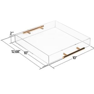 YestBuy Clear Serving Tray with Gold Handles-Spill Proof-Acrylic Tray Organizer for Kitchen,Bathroom,Food- Decorative Tray-10x10