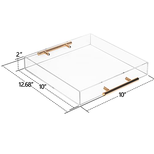 YestBuy Clear Serving Tray with Gold Handles-Spill Proof-Acrylic Tray Organizer for Kitchen,Bathroom,Food- Decorative Tray-10x10