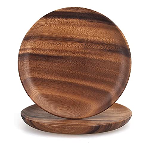 LEZHITAO 10 Inch Best Acacia Wooden Dinner Plates Set of 2, Round Wood Serving Tray Wooden Sandwich Fruit Platter for Food Vegetable Salad Plate Tray Reusable Eco Friendly Plates