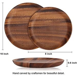 LEZHITAO 10 Inch Best Acacia Wooden Dinner Plates Set of 2, Round Wood Serving Tray Wooden Sandwich Fruit Platter for Food Vegetable Salad Plate Tray Reusable Eco Friendly Plates