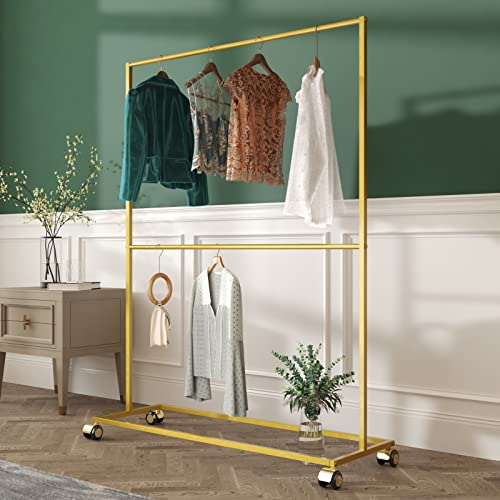 MaiRHK Metal Clothing Rack on Wheels, Gold Garment Rack Rolling Clothes Rack with Double Hanging Rod for Bedroom, Hall, Clothes Store and Boutique-(47.2''L)