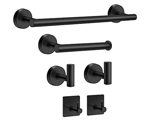 6-Piece Matte Black Bathroom Hardware Set Black Towel Bar Set, Stainless Steel Towel Racks for Bathroom, 16" Black Hand Towel Bar + Toilet Paper Holder + 4 Towel Hook Bathroom Hardware Accessories Set