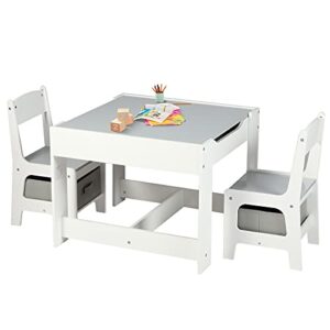 kinder king kids wood table & 2 chairs set, 3 in 1 children activity table w/storage, removable tabletop, blackboard, 3-piece toddler furniture set for art, crafts, drawing, reading, playroom, grey