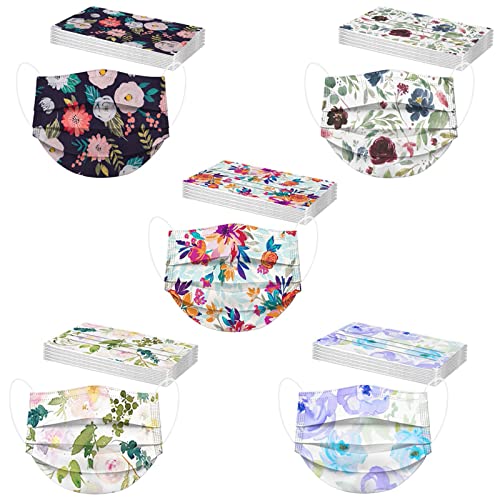 Wtosuhe 3-Ply Floral Disposable FaceMask with Spring Flower Printed Designs, 50 Pack Adults Spring Breathable FaceMasks with Nose Wire for Women Men