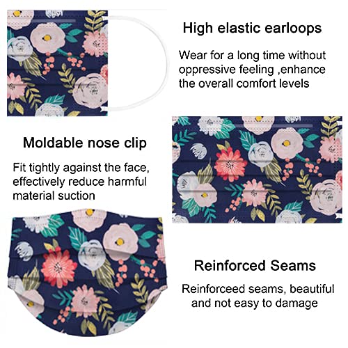 Wtosuhe 3-Ply Floral Disposable FaceMask with Spring Flower Printed Designs, 50 Pack Adults Spring Breathable FaceMasks with Nose Wire for Women Men