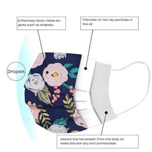 Wtosuhe 3-Ply Floral Disposable FaceMask with Spring Flower Printed Designs, 50 Pack Adults Spring Breathable FaceMasks with Nose Wire for Women Men