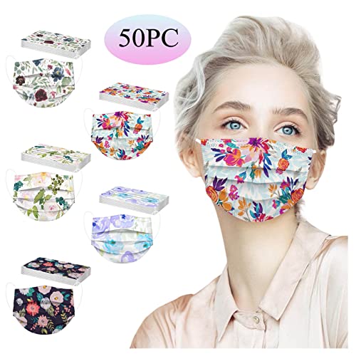 Wtosuhe 3-Ply Floral Disposable FaceMask with Spring Flower Printed Designs, 50 Pack Adults Spring Breathable FaceMasks with Nose Wire for Women Men