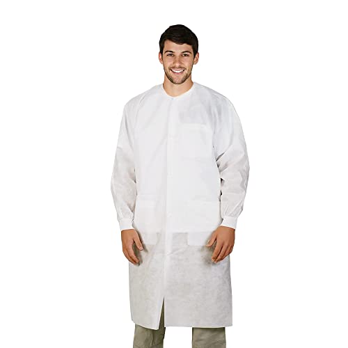 EZGOODZ White Disposable Lab Coat Small, Pack of 10 Unisex Disposable Lab Coats for Adults, SPP 45 GSM Painting Lab Coat Disposable, Plastic Lab Coats with Snaps Front, Knit Cuffs, Collar, 3 Pockets