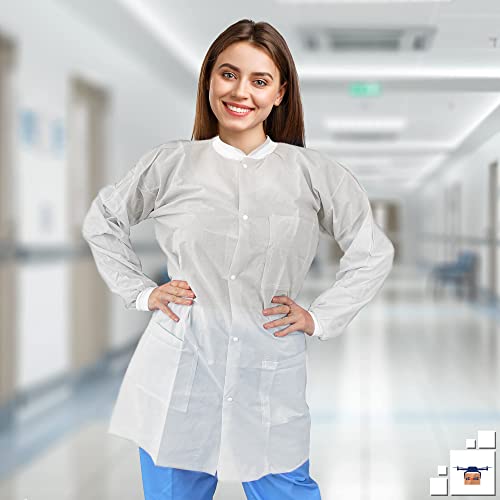 EZGOODZ White Disposable Lab Coat Small, Pack of 10 Unisex Disposable Lab Coats for Adults, SPP 45 GSM Painting Lab Coat Disposable, Plastic Lab Coats with Snaps Front, Knit Cuffs, Collar, 3 Pockets