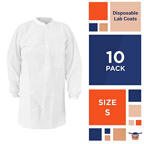 EZGOODZ White Disposable Lab Coat Small, Pack of 10 Unisex Disposable Lab Coats for Adults, SPP 45 GSM Painting Lab Coat Disposable, Plastic Lab Coats with Snaps Front, Knit Cuffs, Collar, 3 Pockets