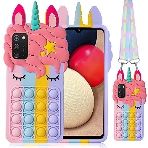 B-wishy Fidget Toys Stress Relief Phone Case for Samsung Galaxy A02S,A03S, with Strap,Push Pop Bubble 3D Cartoon Funny Cute Silicone Cover for Girls Kids Teen, Aesthetic Color Bubble Case-Rainbow