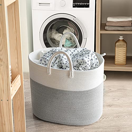 INDRESSME Tall Laundry Hamper with Handles, Cotton Rope Basket for Blankets Toys Yoga Mat, Dirty Clothes Basket Hampers for Bedroom or Laundry, 19.7 x 11.8 x 16.9 inches, Gray