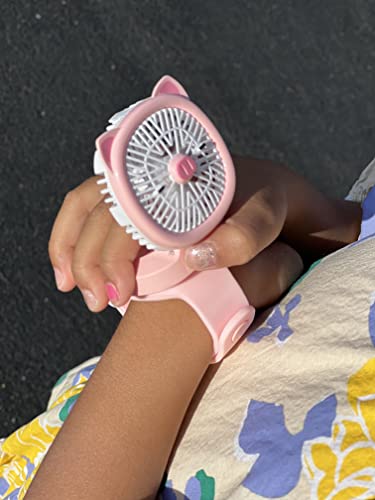 Shelbybox Wrist Fan for Kids Boys Girls, Small Portable Wearable Watch Fan with Comfortable Wrist Strap, USB Rechargeable, Built in Colorful LED Lights, Fashion Compact Summer (Pink)