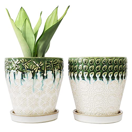 YFFSRJDJ 6 Inch Ceramic Planter Pots with Drainage Holes, Saucers and Mesh Pads for Indoor-Outdoor Plants, Succulent Orchid Flower Large Round Plant Pot, Set of 2 (Green+White)