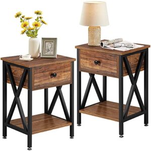 vecelo nightstands set of 2, modern bedside end tables, night stands with drawer and storage shelf for living room bedroom, industrial metal frame, brown