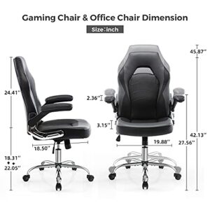 SMUG Gaming Chair, Racing Style Bonded Leather Gamer Chair, Ergonomic Office Chair Computer Desk Executive Chair with Adjustable Height & Flip-Up Arms, Gaming Chair for Adults, Teens, Kids, Black/Grey