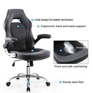 SMUG Gaming Chair, Racing Style Bonded Leather Gamer Chair, Ergonomic Office Chair Computer Desk Executive Chair with Adjustable Height & Flip-Up Arms, Gaming Chair for Adults, Teens, Kids, Black/Grey