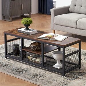 vecelo 47" coffee table with storage shelf for living room industrial wood and metal frame easy assembly brown