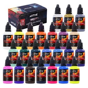 artme airbrush paint, 24 colors airbrush paint set include metallic and neon colors, opaque & water based acrylic airbrush paint, leather & shoe airbrush paint kit for artists, beginners, and students