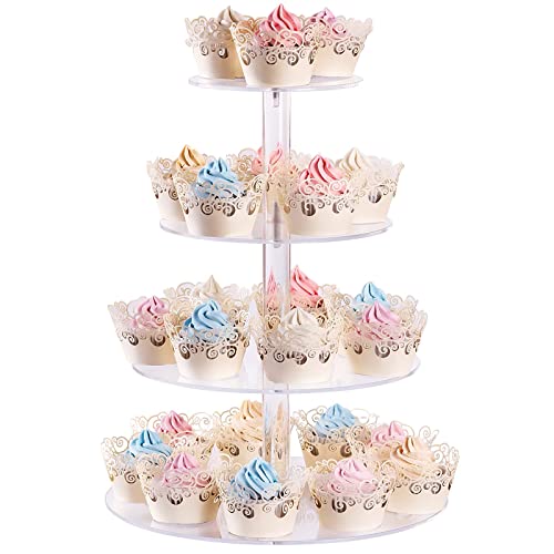 Cupcake Stand, 4-Tier Round Acrylic Cupcake Display Stand Dessert Tower Pastry Stand for Wedding Birthday Theme Party- 15.3 Inches (Transparent)