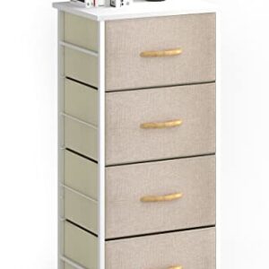 JSungo Dresser Storage Tower with 4 Drawers, Fabric Organizer Unit with Wooden Top for Bedroom, Living Room, Closets, 4 Tier Fabric Shelf with Steel Frame and Handles for Printer, Beige