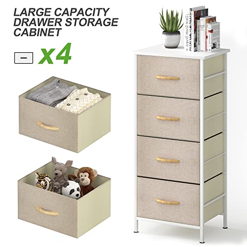 JSungo Dresser Storage Tower with 4 Drawers, Fabric Organizer Unit with Wooden Top for Bedroom, Living Room, Closets, 4 Tier Fabric Shelf with Steel Frame and Handles for Printer, Beige