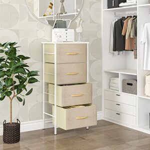 JSungo Dresser Storage Tower with 4 Drawers, Fabric Organizer Unit with Wooden Top for Bedroom, Living Room, Closets, 4 Tier Fabric Shelf with Steel Frame and Handles for Printer, Beige